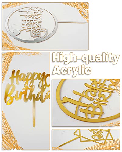 18 Pcs Gold Happy Birthday Acrylic Cake Decoration, Double-Sided Glitter of Birthday Cake Topper for Children or Adults