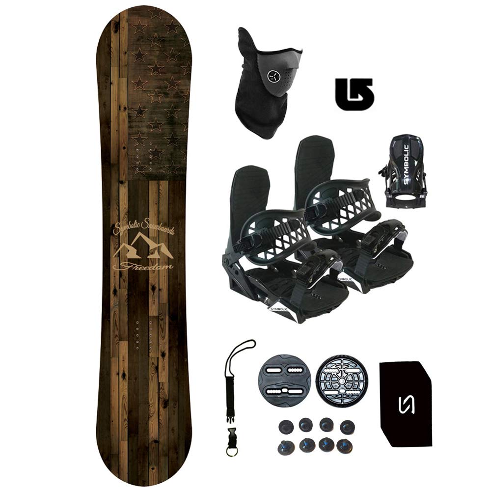 140-155cm Symbolic Freedom Snowboard + Bindings Package +Leash+Stomp+Face Mask+Burton Decal (Bindings Black L/XL Men(fit 9-15), 155cm Hybrid Rocker)