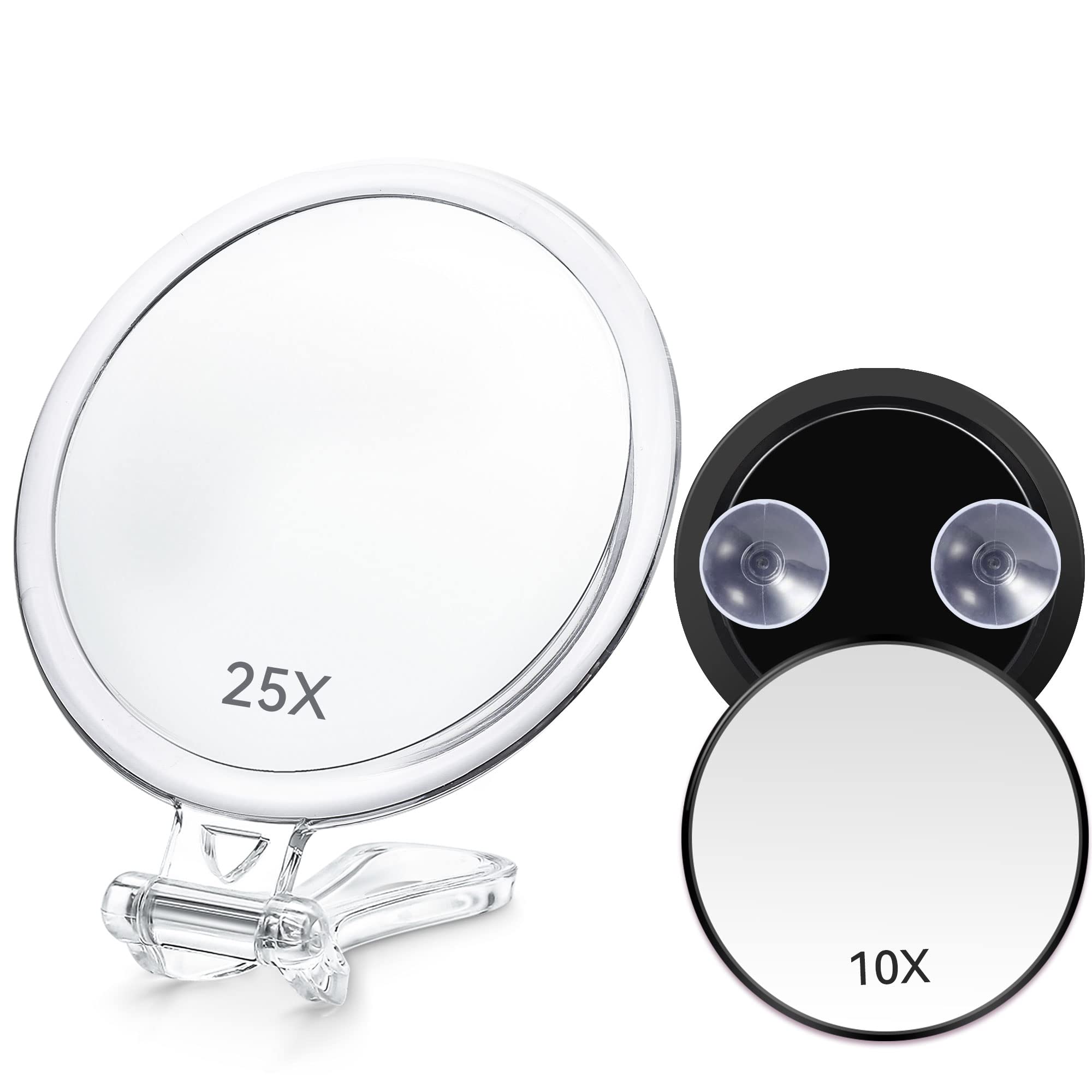 25X Magnifying Mirror Set, 25X/1X Double-Sided Hand Held Magnified Mirror & 10X Magnifying Mirror Suction Cup,Perfect for Precise Makeup Applications & Blackhead/Blemish Removal Handle B