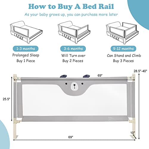 BABY JOY Bed Rail for Toddlers, 69ββ Extra Long, Height Adjustable & Folding Baby Bed Rail Guard w/Breathable Mesh & Double Safety Child Lock for Kids Twin Double Full Size Queen King Mattress (Gray)
