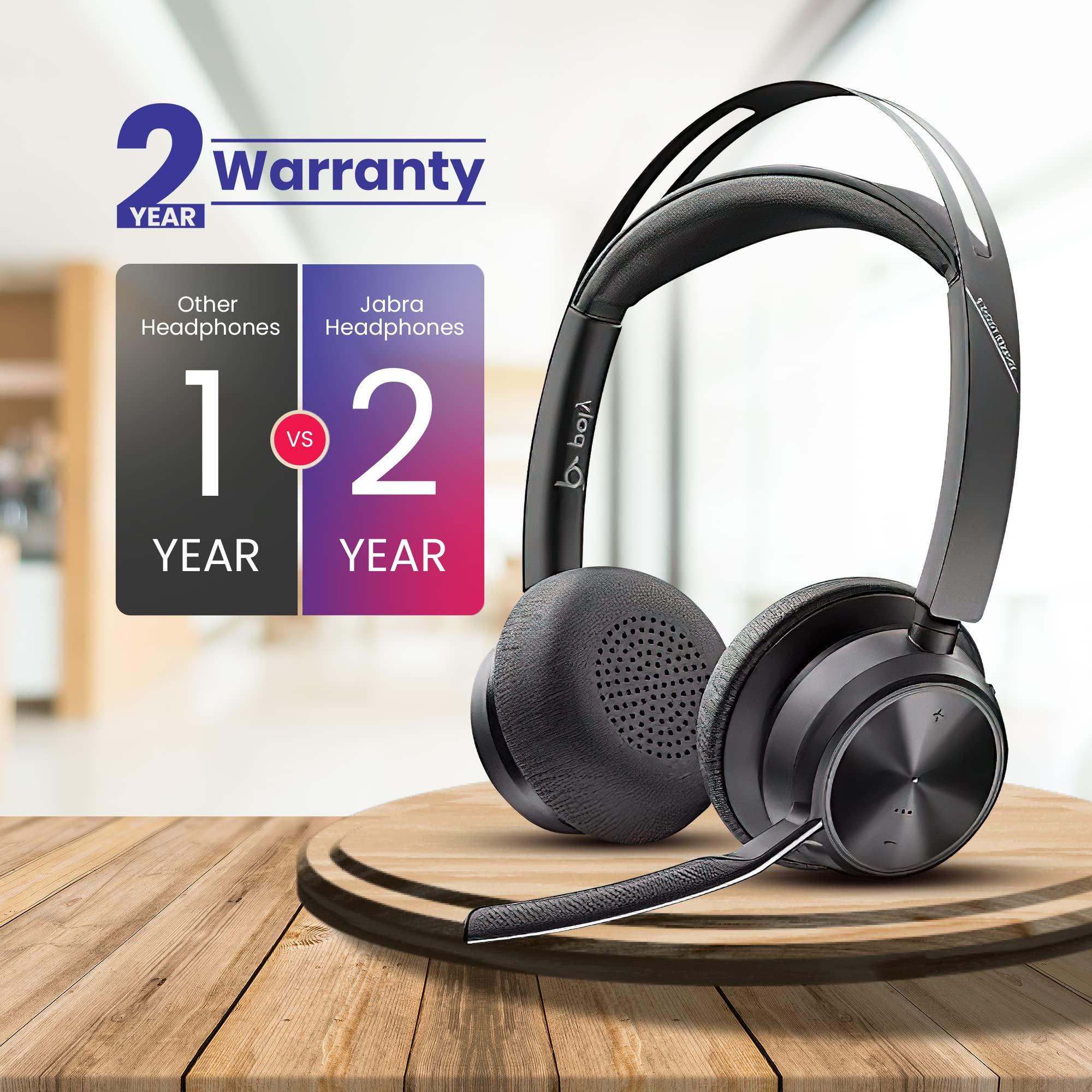 Plantronics Poly Voyager Focus 2 UC, Bluetooth Stereo Headset with Charge Stand, USB-A for Teams, Connects to Deskphone, PC/Mac, Smartphone - Global Teck Bundle w/Microfiber Cloth