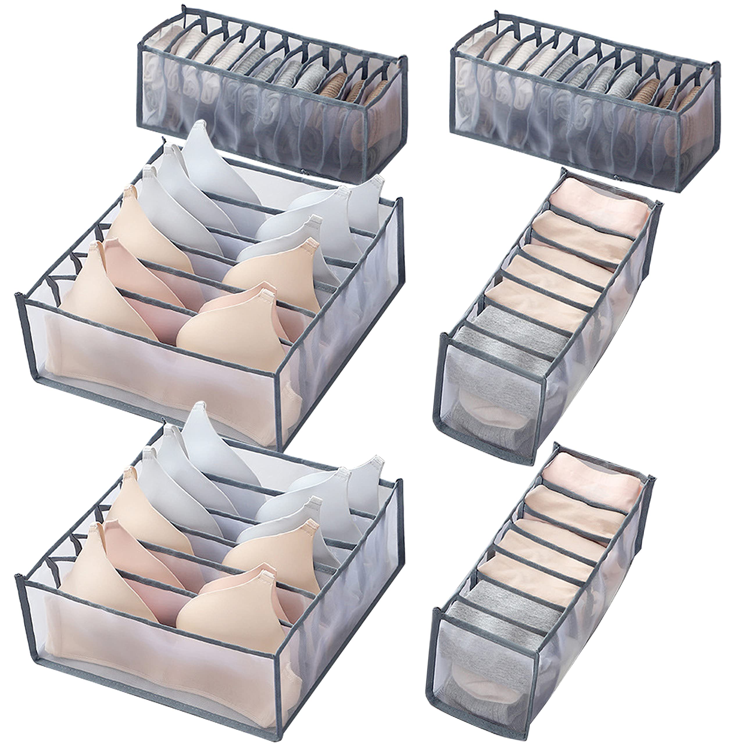 6Pcs Underwear Bra Draw Organizer Storage Box Foldable Drawer Closet Organizer Boxes Wardrobe Closet Storage Organizers for Underwear Bra Socks Underpants Panties and Ties(Grey, 6/7/11)