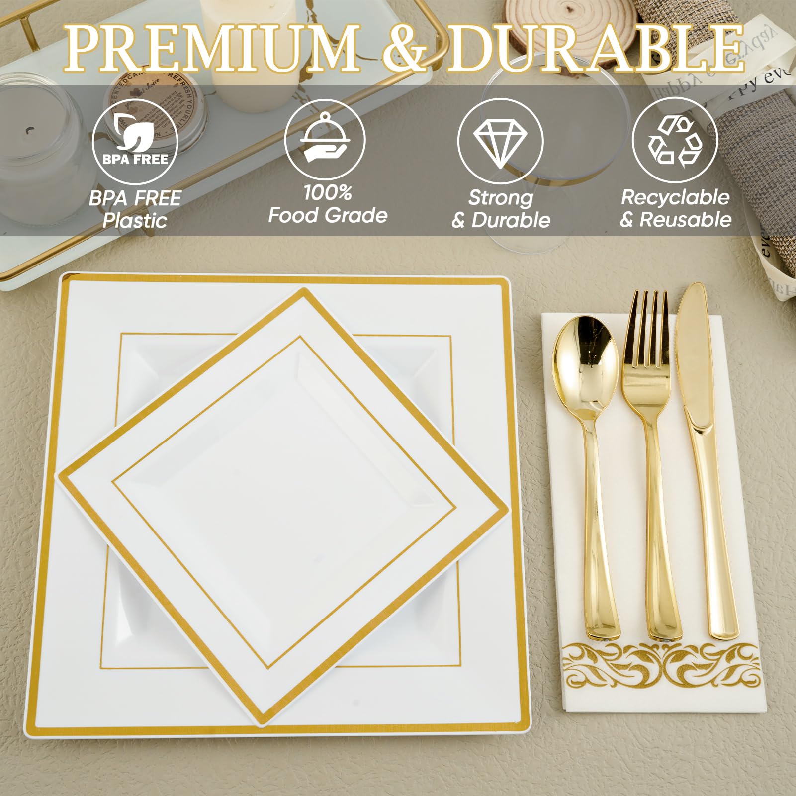 175 Piece Gold Dinnerware Set 25 Guest-50 Square Plastic Plates-25 Gold Plastic Silverware-25 Gold Plastic Cups-25 Gold Paper Napkins, FOCUSLINE Disposable Dinnerware Set