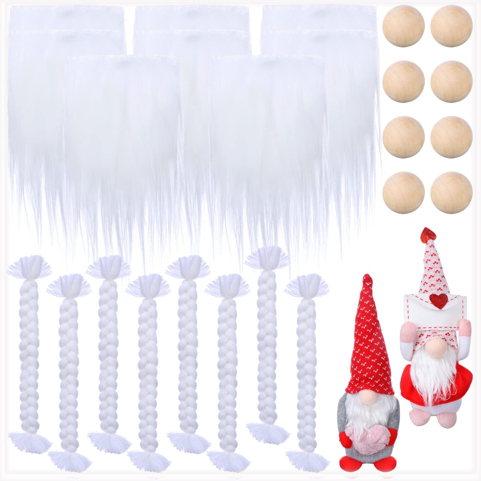 24 Pieces Pre-Cut Gnome Beard Braids Wooden Balls Nose Set, Handmade Gnome Beard Fake Fluffy Gnome Beard Faux Fur Gnome Dwarf Beard Braids Unfinished Wooden Balls for DIY Your Gnomes