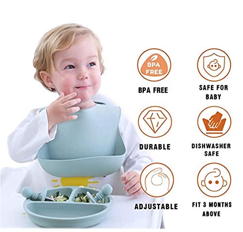 Baby Feeding Set Silicone Baby Bib Baby Plate Bowl Spoon Fork Divided Plate Baby Teether Baby Led Weaning Baby Gift Set