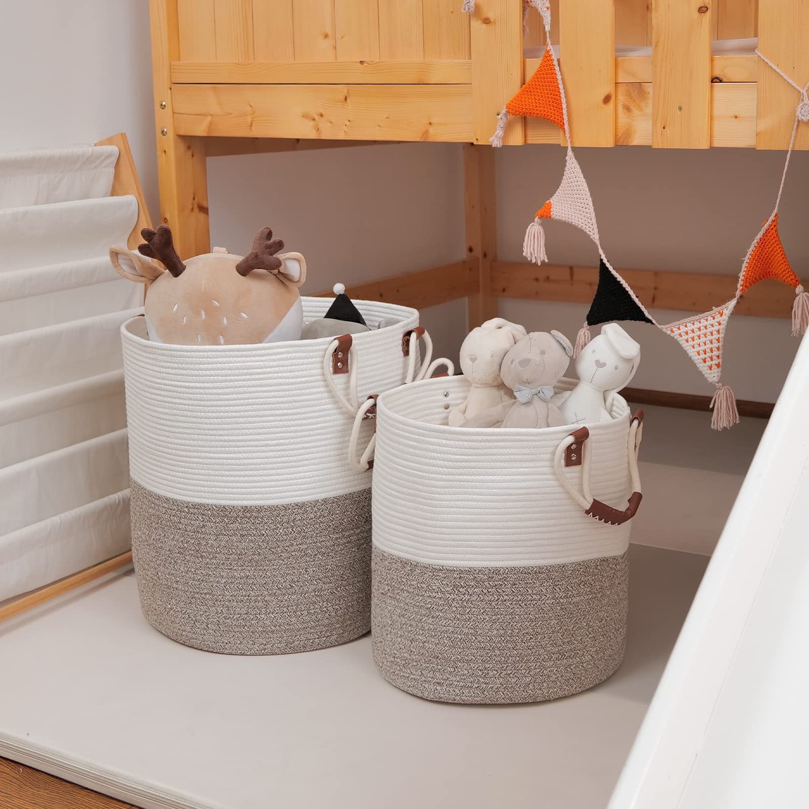 WSNYY Large Cotton Rope Basket, Storage Basket, Woven Laundry Hamper, Toy Storage Bin, Nursery Storage Basket, Baby Bin Organizer, White & Brown, 17x19 Inches