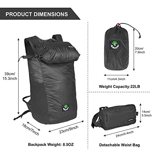 4Monster Hiking Daypack,2 in 1 Water Resistant Lightweight Backpack,Portable Fanny Pack Waist Pack for Travel Camping Outdoor (32L, Black)