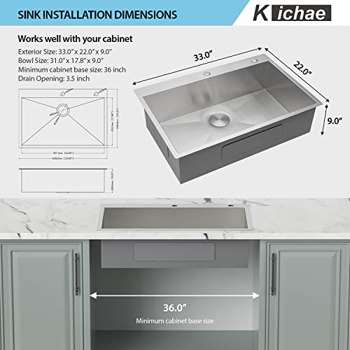 33 Drop In Sink - Kichae 33x22 Kitchen Sink Drop-in Topmount Single Bowl 16-Gauge Stainless Steel Kitchen Sinks Basin