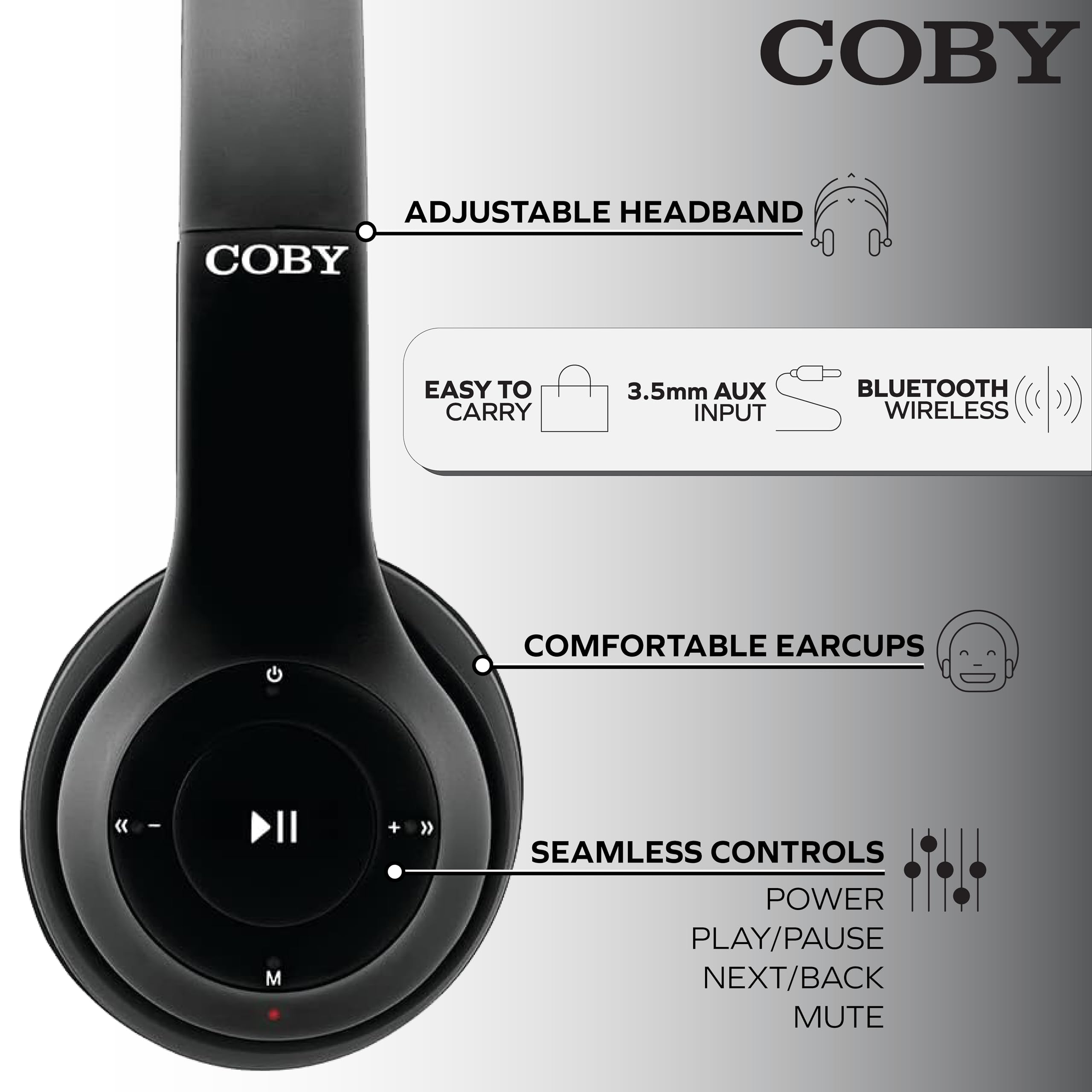 Coby Bluetooth Headphones, Wireless Headphones with Mic Built-in, AUX, Hands-Free Calling, Over-Ear Foldable Headset, Rechargeable, 5-HR Play