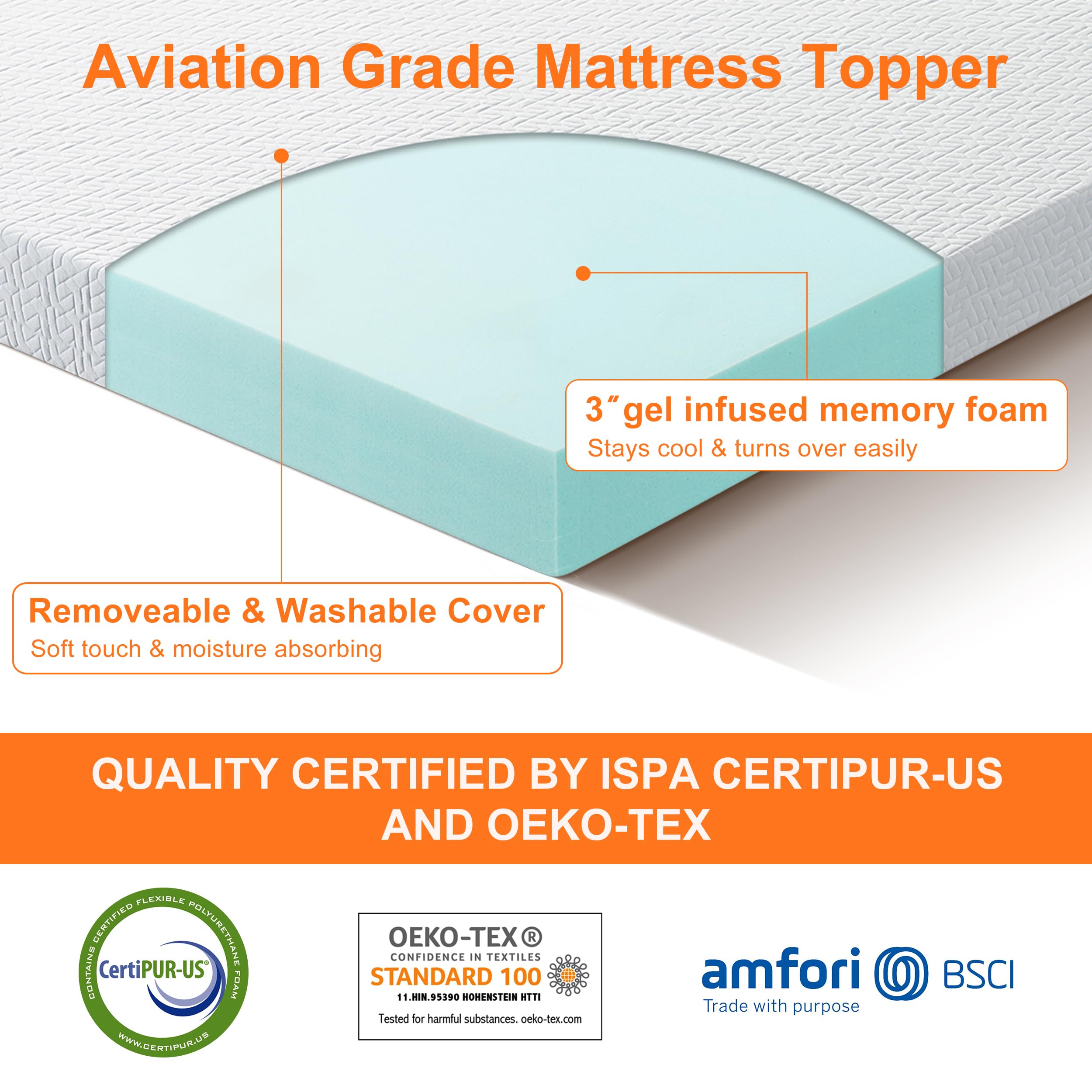 3 Inch Gel Memory Foam Cooling Mattress Topper Queen Size, Mattress Pad Cover for Pressure Relief, Bed Topper with Removable Cover,Soft & Breathable