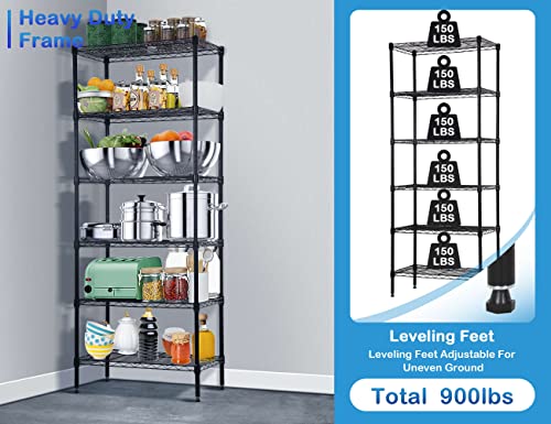 6-Tier Wire Shelving Metal Storage Rack, Adjustable Shelving Unit Free Standing Storage Shelf with Leveling Feet, 24"Lx14"Wx60"H Storage Shelves Organizer Unit for Office Studio Plant Craft, Black