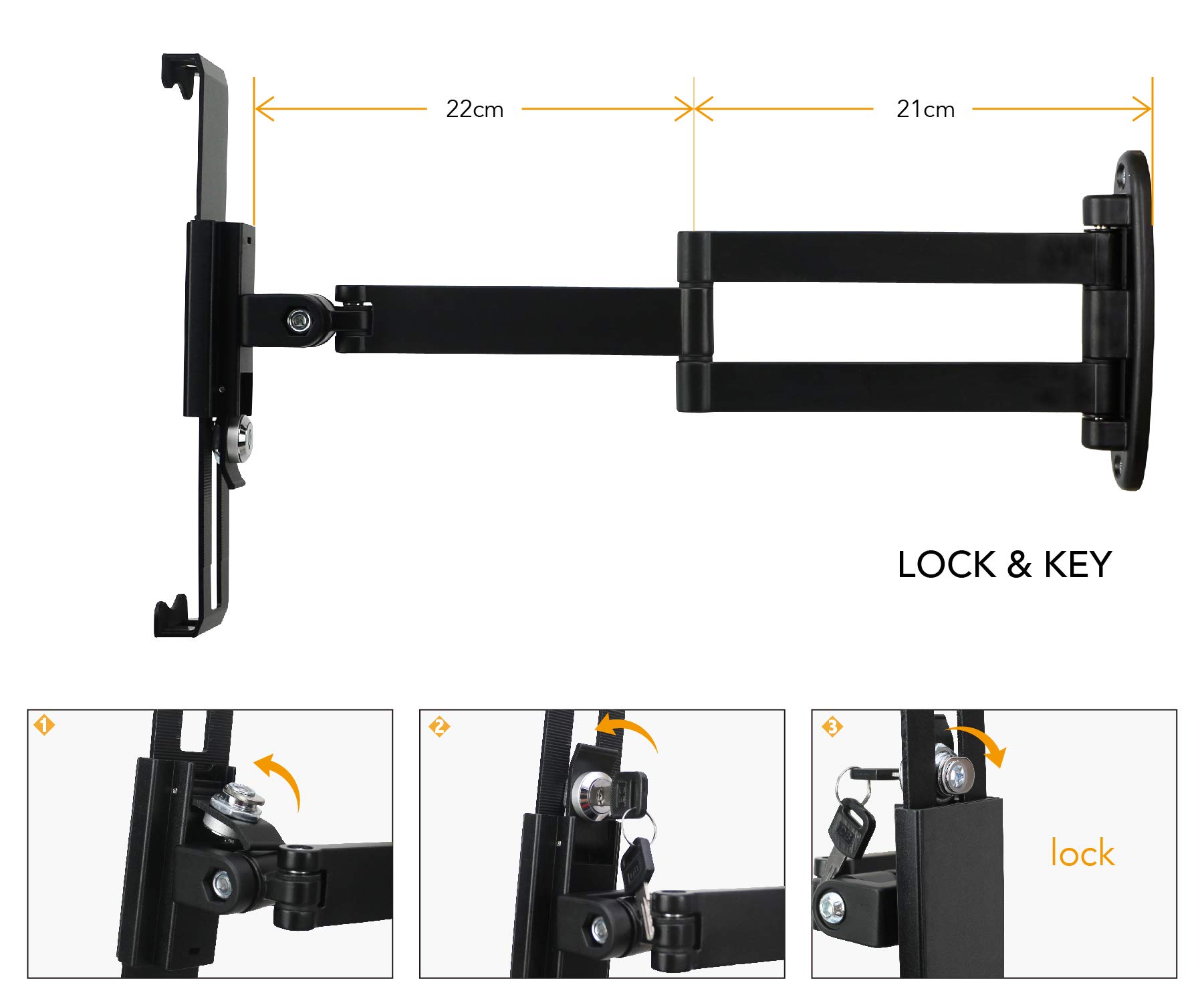 WeSTRUGGLE Tablet Wall Mount, Adjustable Arm Swivel, Anti-Theft Security Lock & Key, Foldable, 360 Rotating, Black