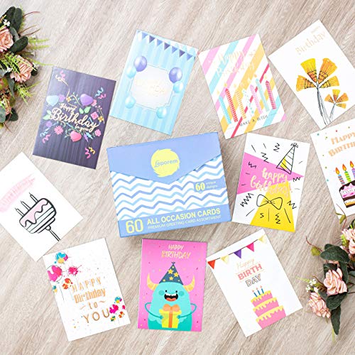 60 All Occasion Greeting Cards - Large 5”x7”, All Rose Gold Foil Unique Design Assorted Cards, Happy Birthday Card, Thank You Cards, Message Inside, Magnetic Bulk Box Set Variety Pack w/Thick Envelope