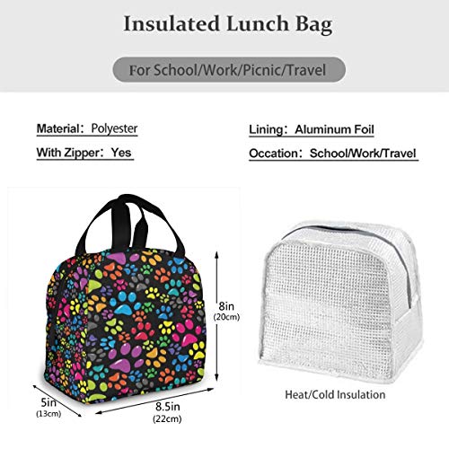 Colorful Dog Paw Print Insulated Neoprene Lunch Bag For Women, Men, Lunch Tote For Work