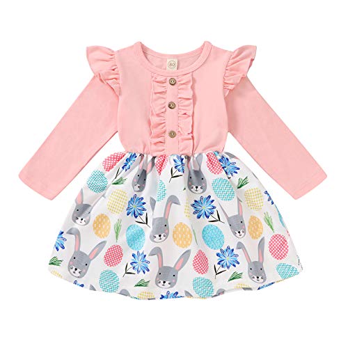 YOUNGER TREE Toddler Baby Girl Easter Outfits Ruffle Long Sleeve Top Bunny Egg Print Skirt One-Piece Girl Dress Clothes (18-24 Months, Pink/Bunny Egg)