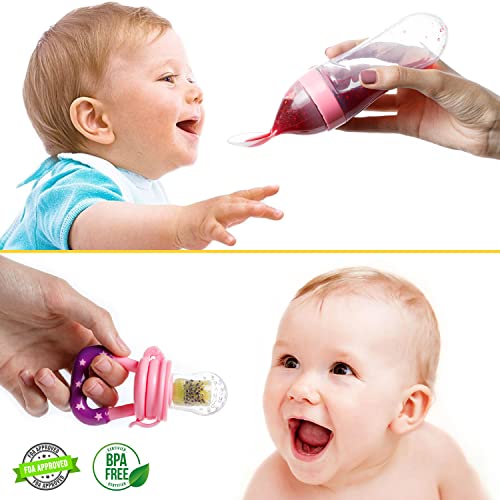 Baby Fruit Feeder Pacifier - 3 Pack | 2 Frozen Fruit Teething Pacifier & 1 Baby Food Spoon Feeder | Baby Silicone Feeder Pacifier | Teething Feeder, Baby Food Feeder Fruit Pacifier (Pink)