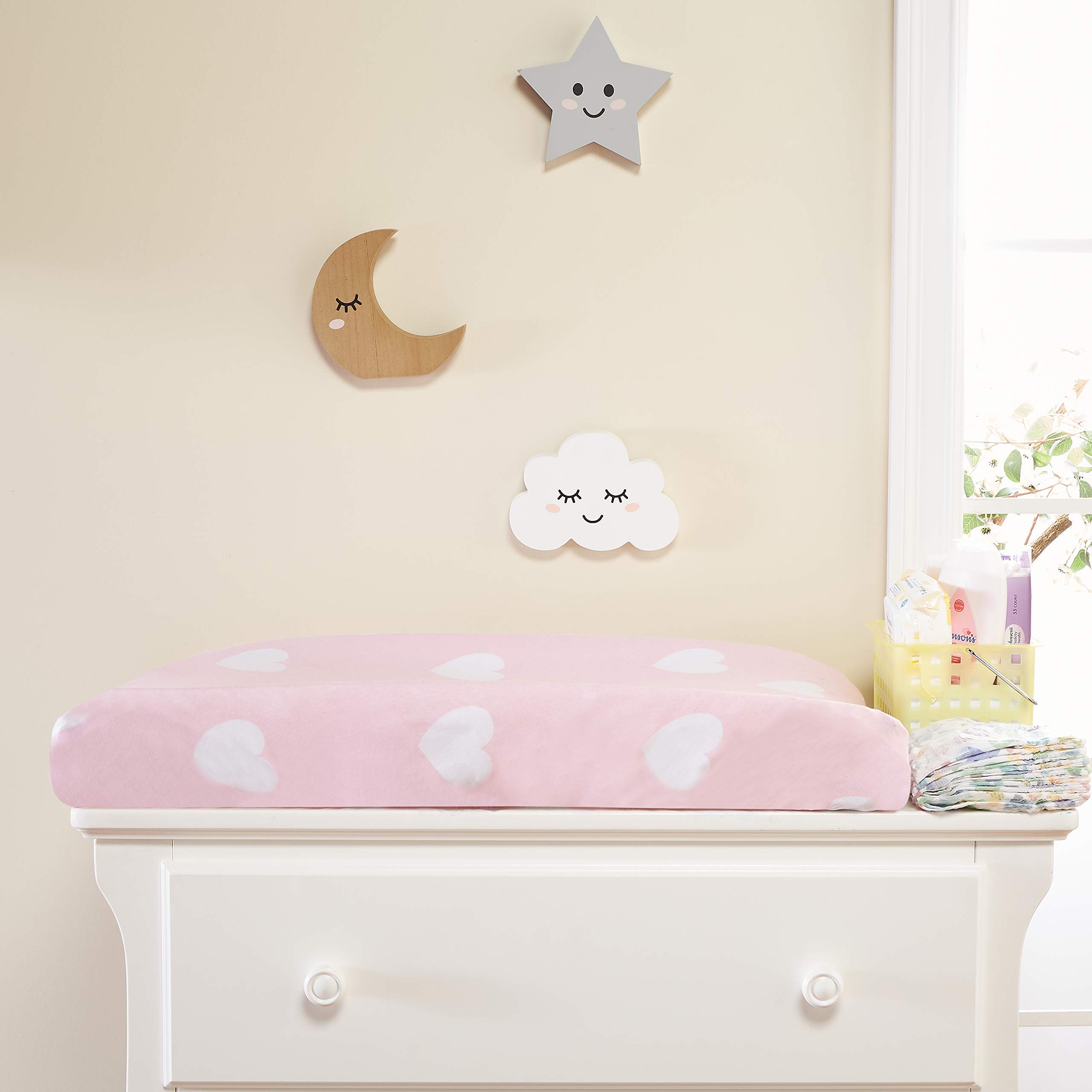EVERYDAY KIDS 2 Pack Baby Changing Pad Covers for Baby Girl – Fits Most Changing Table Pads; 100% Cotton Jersey Knit, Breathable, Soft Changing Table Topper – Pink and White Hearts and Polka Dots