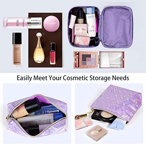 Lubardy Makeup Bag Leather Cosmetic Bag Waterproof Makeup Pouch Portable Makeup Travel Bag Multifunctional Cosmetic Organizer Bag for Women, 3-Pack, Purple