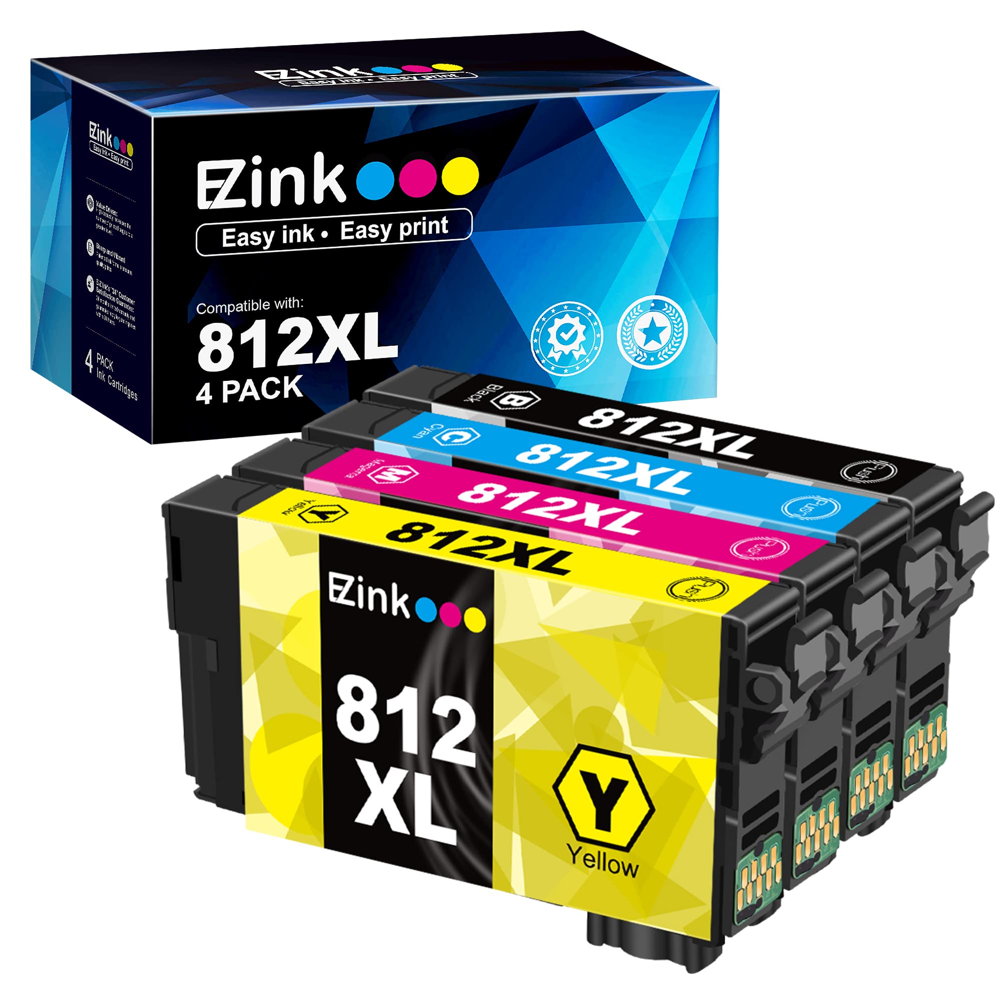 E-Z Ink (TM Remanufactured Ink Cartridge Replacement for Epson 812XL 812 T812XL T812 to use with Workforce Pro WF-7820 WF-7840 EC-C70 Printer (1 Black, 1 Cyan, 1 Magenta, 1 Yellow, 4 Pack)