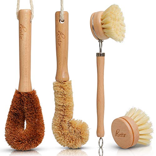 Natural Kitchen Cleaning Brush Set. Eco-Friendly Wooden Brush Set for Cleaning Kitchen Dishes, pots & Pans. Wooden Dish Brush, Pot Brush & Bottle Cleaner. Made of Beech Wood & Natural bristles