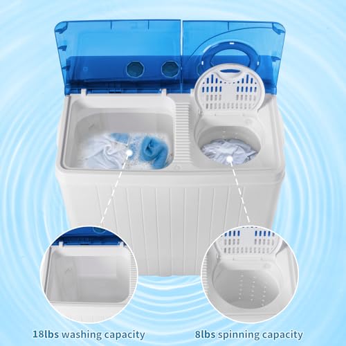 26Lbs Portable Washing Machine and Dryer, Twin Tub Portable Washer Dryer Combo with Drain Pump, Semi-Automatic 18Lbs Washer Mini Laundry Machine with 8Lbs Spinner for Dorms, Apartments, RVs, Blue