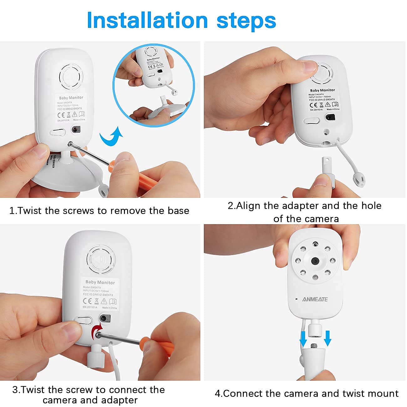 Koroao Flexible Twist Mount for ANMEATE SM24 /Babysense V24US /GoodBaby UU24 Video Baby Monitor Without Tools or Wall Damage