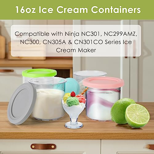 4 Pack Ice Cream Pint Containers, Replacement for Ninja Creami Pints and Lids, Compatible with NC299AMZ & NC300s Series Creami Ice Cream Makers, BPA Free, Dishwasher Safe, Grey/Pink/Green/Lake Blue