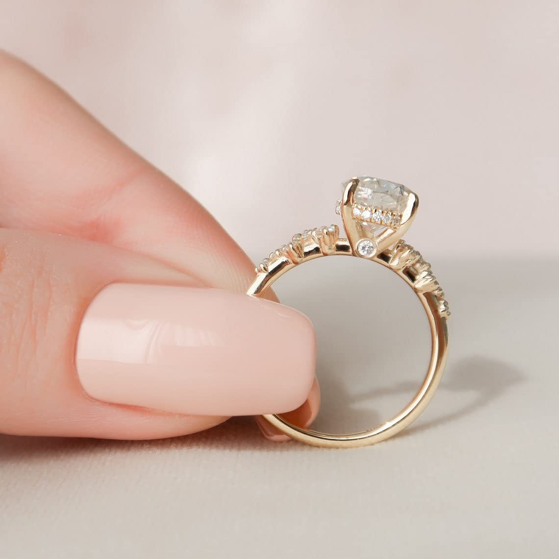 2 CT Pear Shaped Engagement, Minimalist Moissanite Engagement Ring, Scattered Side Stones in 14K Yellow Gold, Ring Size - 7.5