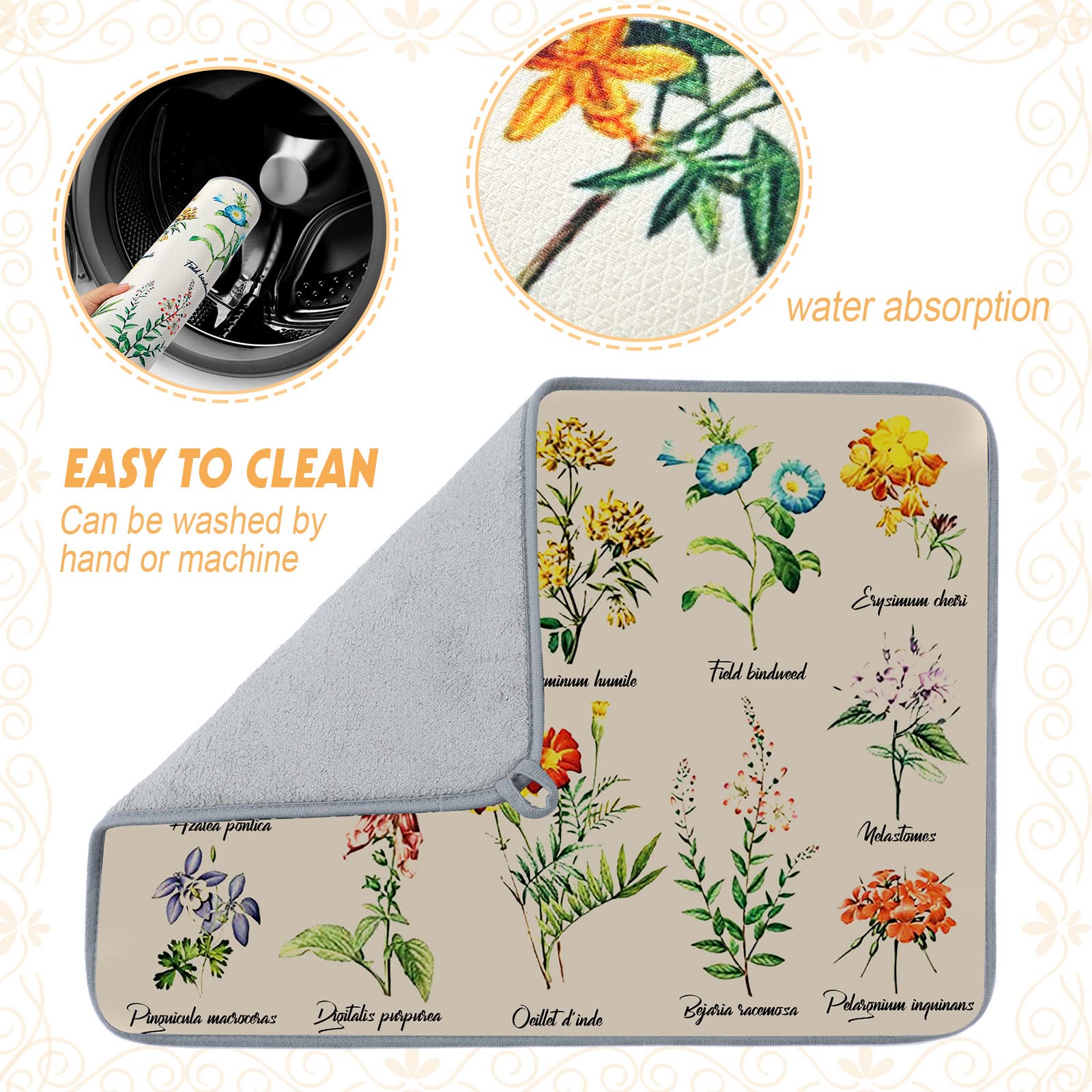 18 x 24 Inch Kitchen Drying Mat Flower Herbs Dish Drying Mats for Kitchen Counter Dish Drying Pad Plant Absorbent Reversible Microfiber Leaves Plant Dish Mat for Drainer Rack Coffee Bar Decor