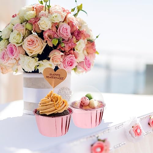 100Pcs Aluminum Foil Cupcake Cups Liner 3.5oz Non-Stick Mini Baking Cups Heat-Resistant Small Muffin Pie Liner with Lids and Spoons Reusable Dessert Cake Container for Home Kitchen (Rose Gold)