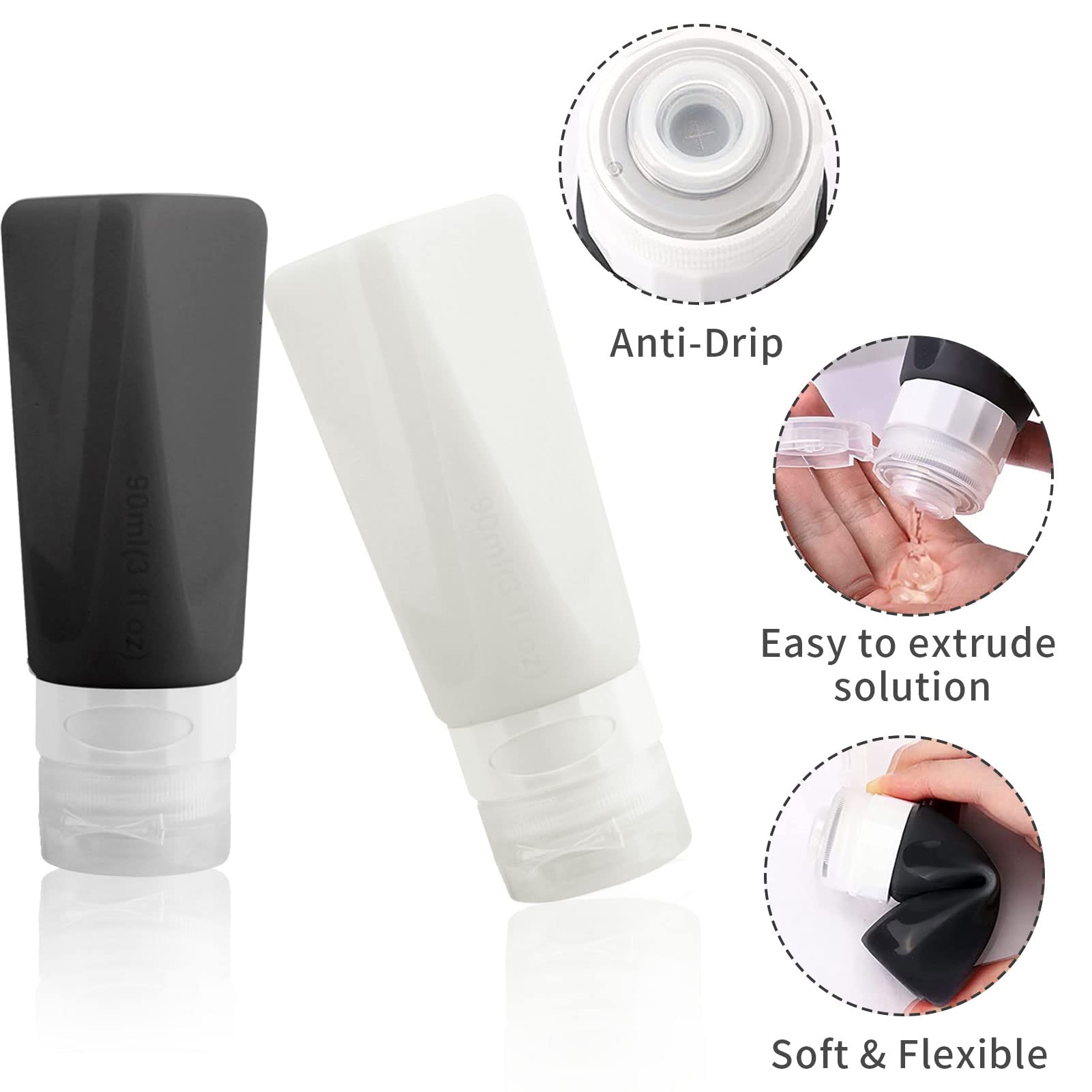 19Pack Empty Silicone Travel Size Toiletries Set, Leakproof Squeezable Spray Bottles Tubes, 1oz 2oz 3oz Refillable Cosmetic Container, Mini Perfume Atomizer Airplane Travel Essentials (White&Black)