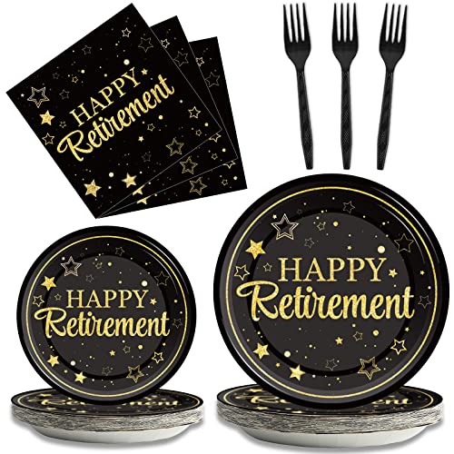 96 Pcs Retirement Party Plates Napkins Tableware Set Happy Retirement Supplies Black and Golden Disposable Dinnerware Decoration Favors for Women Men, 24 Guests