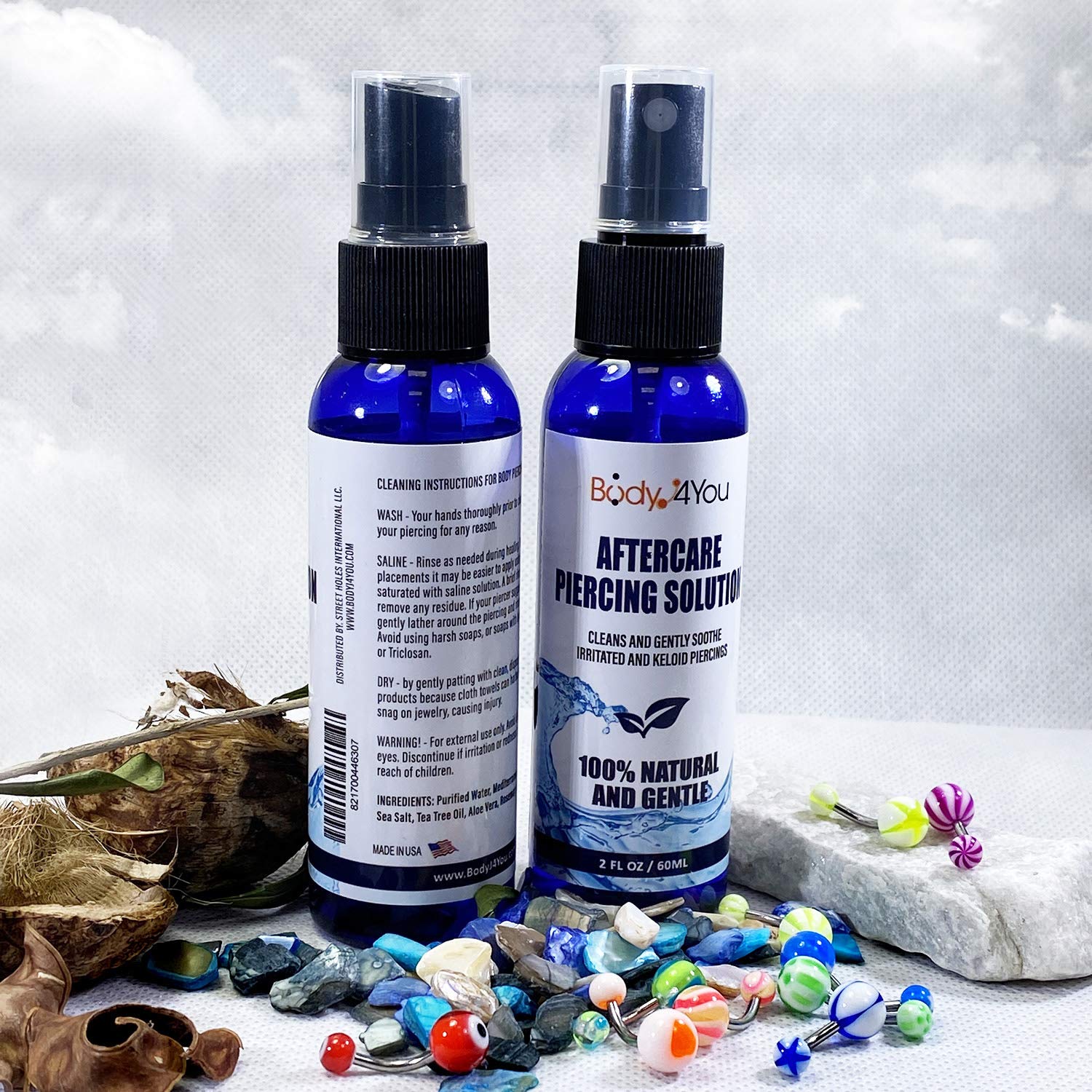 BodyJ4You Piercing Aftercare Spray - Saline Solution Natural Keloid Bump Removal - Ear Piercing Cleaner Nose Septum Belly Button Cartilage - Sea Salt Aloe Vera Rosemary - Fine Mist 2 Fl Oz