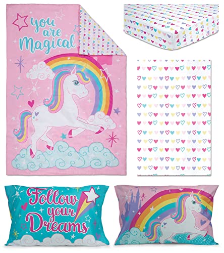 Baby Boom Funhouse Unicorn Love 4 Piece Toddler Bedding Set β Includes Comforter, Sheet Set β Fitted + Top Sheet + Reversible Pillowcase for Girls Bed, Pink