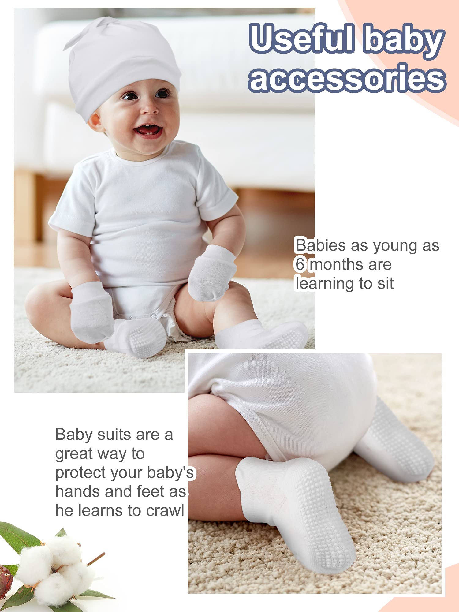 Baby Hats Newborn Knot Beanie No Scratch Mitten Non-Slip Sock for Boys and Girls (White, Gray, Black, Blue, Navy Blue,5 Sets)