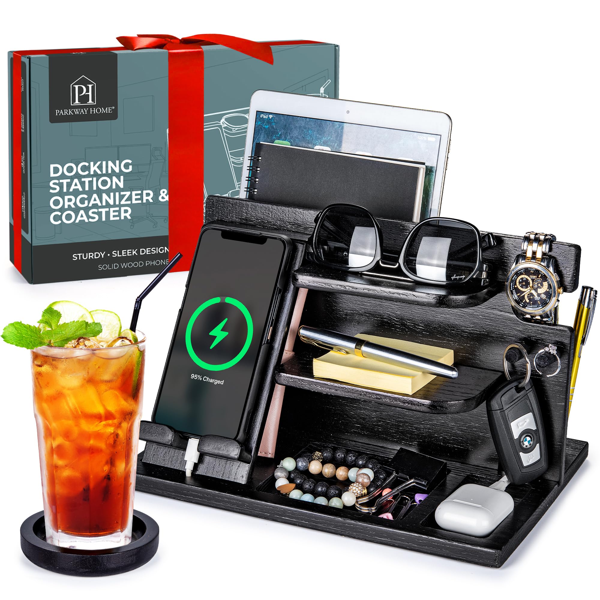 Parkway Home Black Wood Phone Docking Station - Wood Charging Station Organizer Stand, Bedside Nightstand Organizer for Men and Women, Holds Phone, Tablet, Keys, Glasses, EDC and more