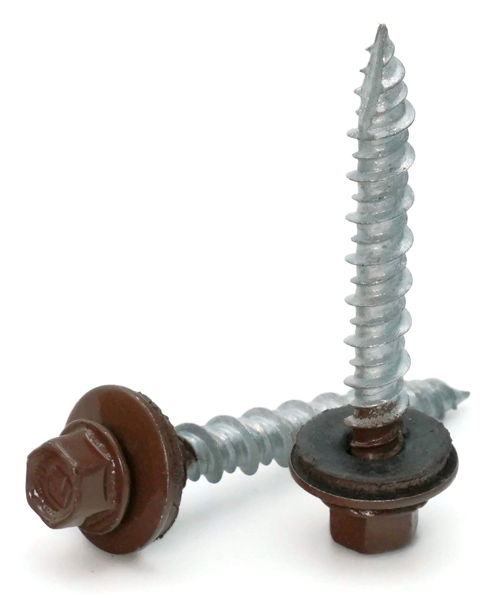 Hex Washer Head Hi-Lo Thread Mechanical Galvanized Roofing Screws Brown Finish - #10 x 1-1/2" Qty 100