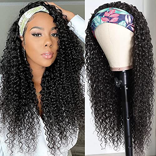 HeadBand Wig Curly Human Hair Wig None Lace Front Wigs for Black Women Deep Wave Machine Made Wigs Natural Color 150% Density 14inch