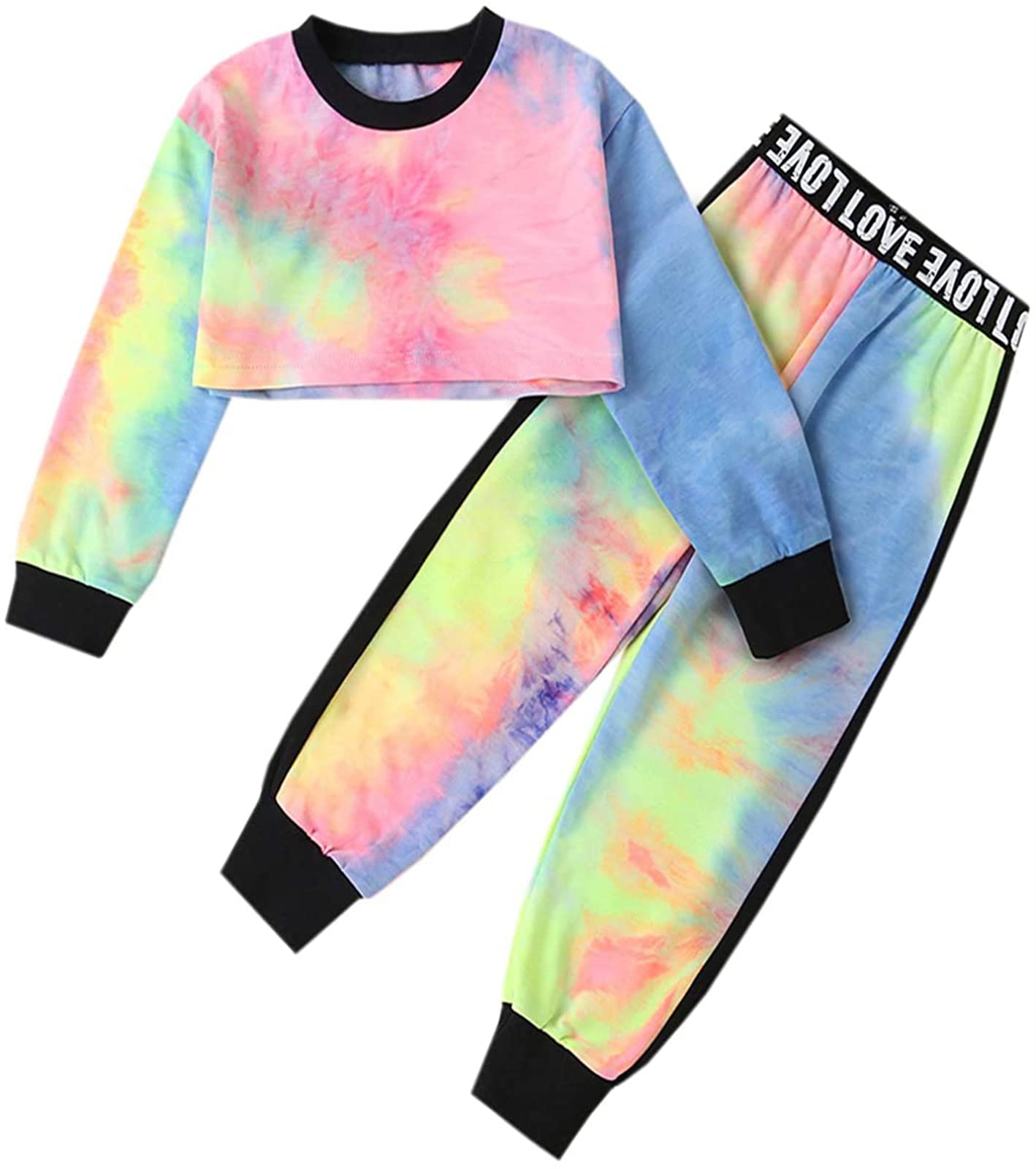 Baby Girls Cute Outfits, Tie Dye Pullover Crop Sweatshirt + Sweat Playwear Pants 2 Pieces Trendy Clothing Set, Multicolored, 18-24 Months