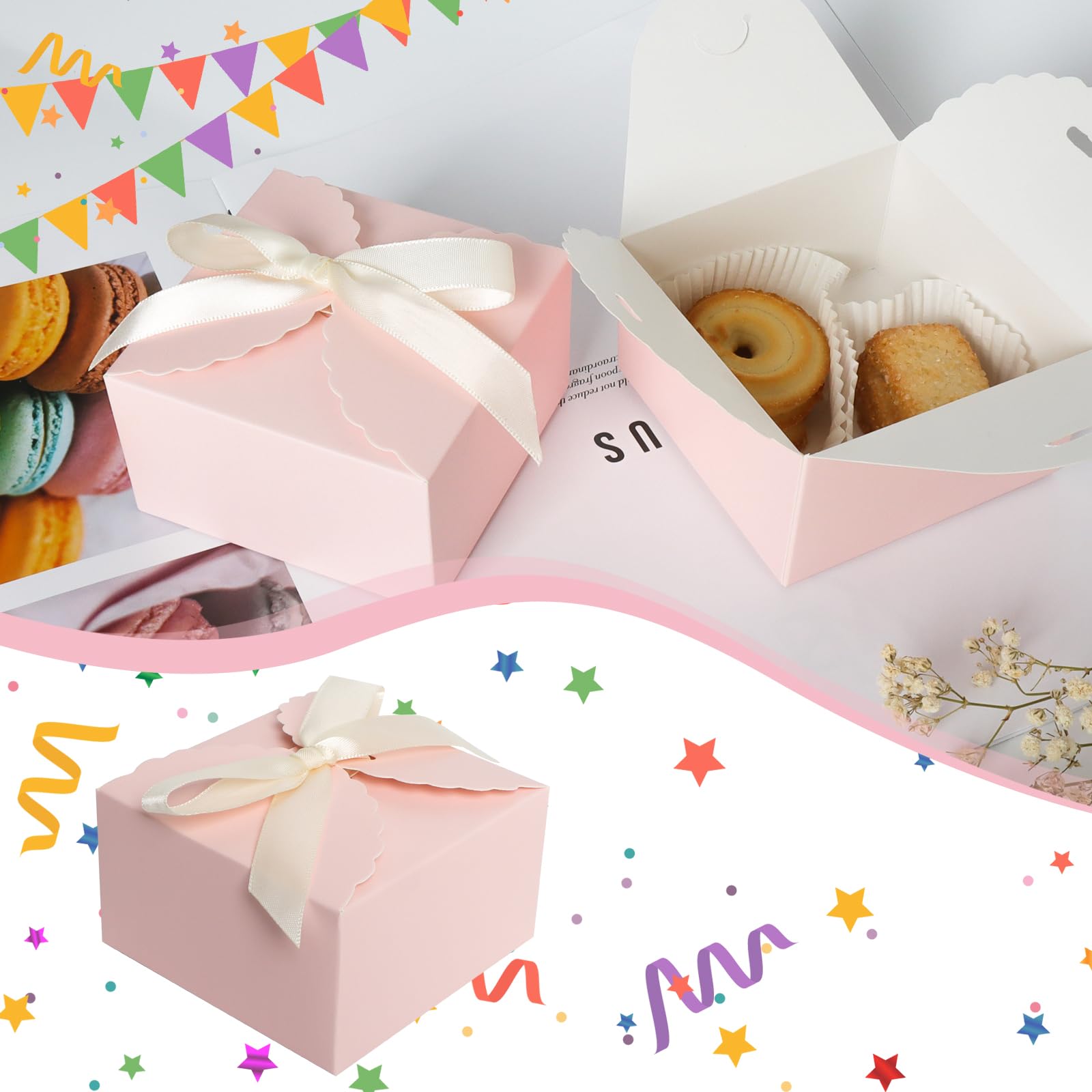 12pcs Pink Gift Box Kraft Square with Bow Foldable Small Candy Box with Ribbon for Gift Giving, Graduation Season, Christmas, Birthday Pink Mini Gift Boxes for Packaging