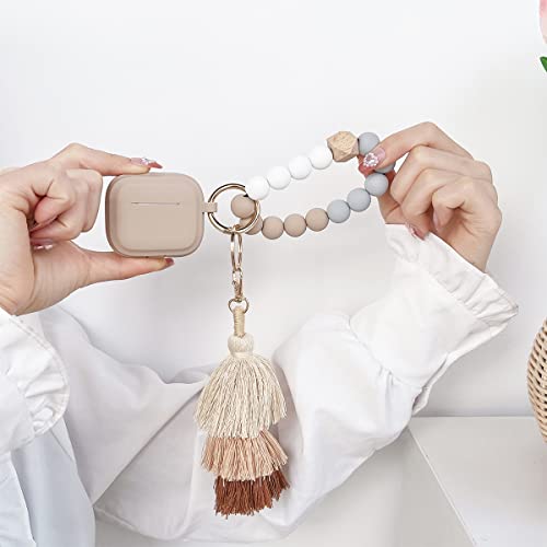 AirPod 3 Case,Gtinna Fashion Cute Stripe Airpods 3rd Case(2021),Soft Silicone Case for AirPod 3 Wireless Charging Case with Silicone Beaded Bracelet Tassel Charm Keychain Accessories (Khaki)