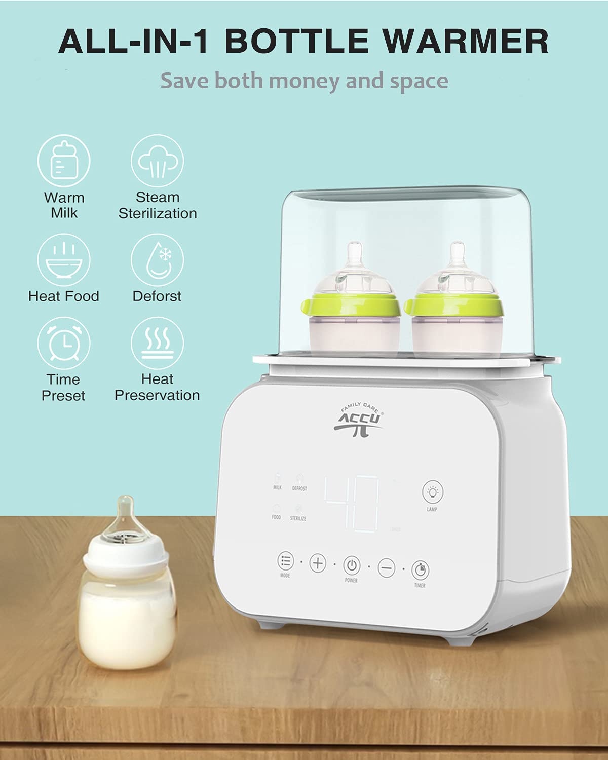 Baby Bottle Warmer, Double Bottle Warmer for Breastmilk, 6-in-1 Baby Food Heater Defroster, Fast Infant Formula Warmer with Timer for Twins, 24H Temp Control, BPA Free
