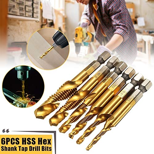 Combination Drill Tap, 6pcs 1/4" Hex Shank Metric Thread, M3-M10 Coated HSS Drill and Tap Bits Screw Taps Tool Set