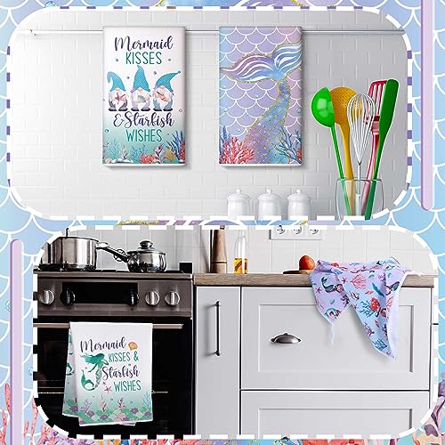 4 Pcs Mermaid Summer Hand Towels Gnome Kitchen Towels Housewarming Towels Set 16 x 24 Inch Absorbent Drying Dish Cloths Tea Towel Housewarming Gifts Decorations for Home Bathroom Drying Dishes