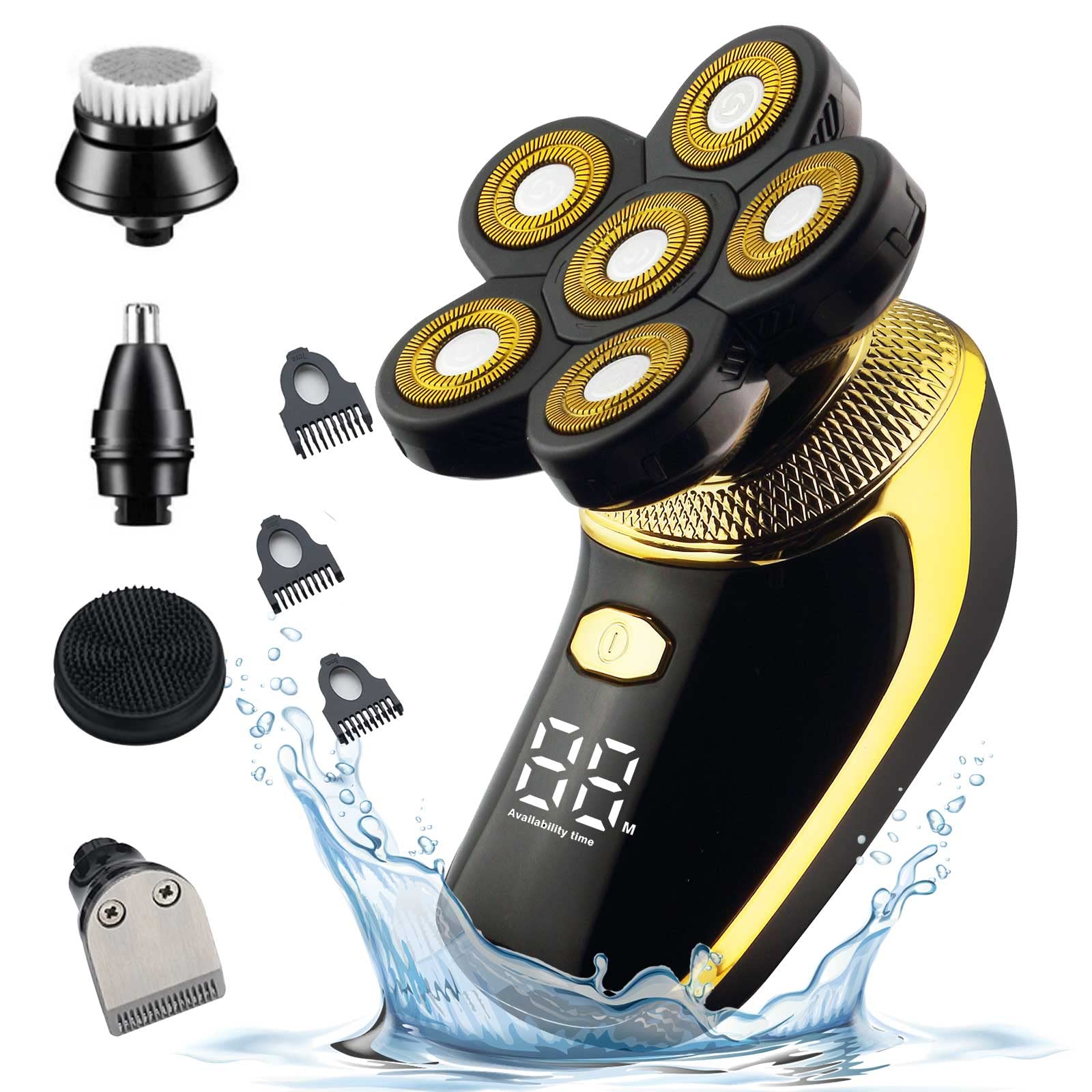Head Shavers for Bald Men Wet and Dry, HerfsTec 6 Rotary Blade Heads Electric Razor, Bald Man 5-in-1 Grooming Kit with Clipper & Trimmer & Brush, IPX7 Waterproof, USB Charging, LED Display