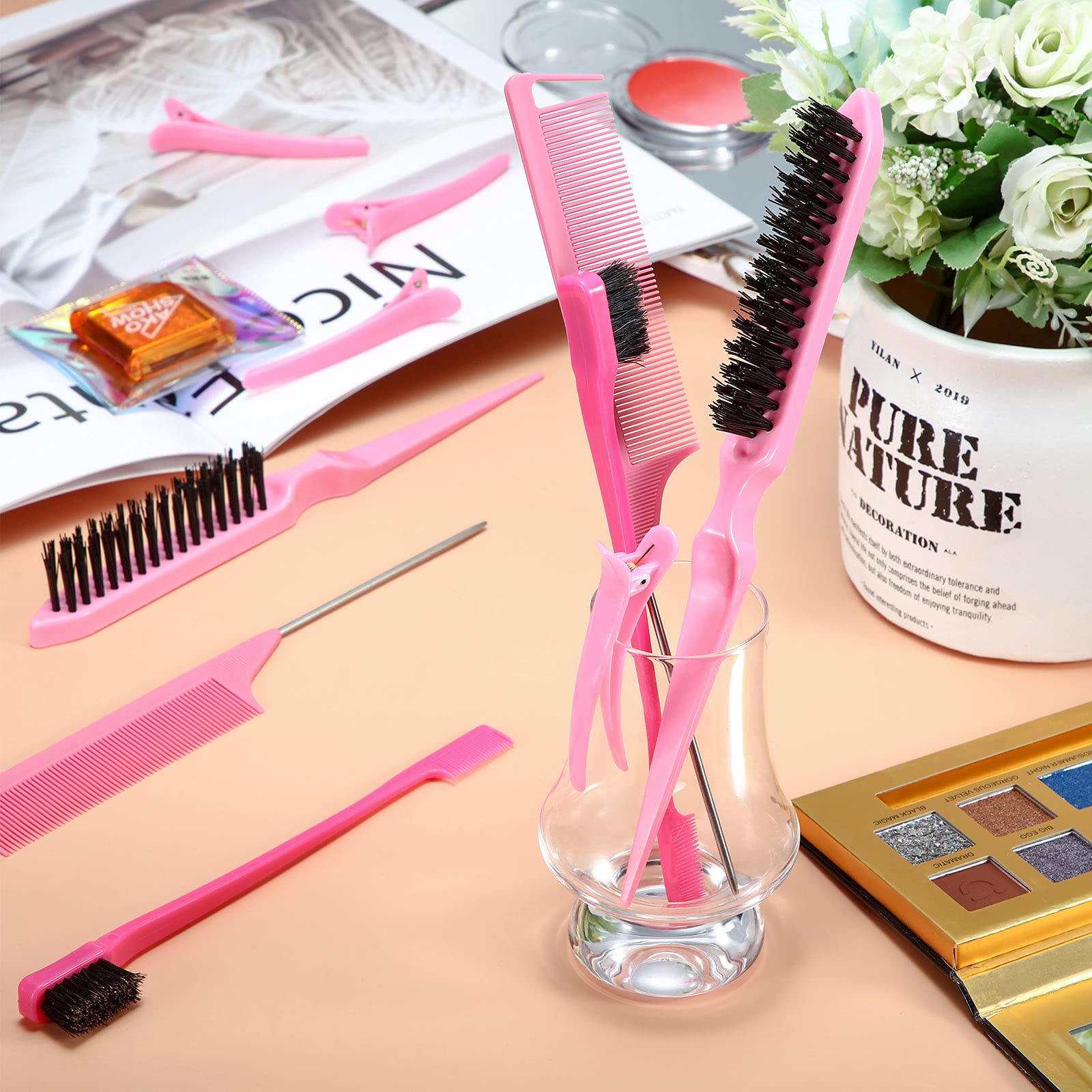 Remerry 12 Pieces Hair Brush Set, Nylon Teasing Hair Brushes 3 Row Salon Teasing Brush, Double Sided Edge Smooth Comb Grooming, Rat Tail Combs with Duckbill Clips for Women(Pink)