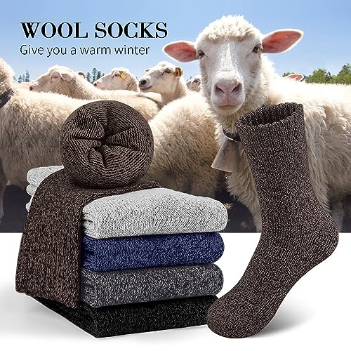 5 Pairs Wool Socks Mens, Thick Warm Winter Socks, Soft Wool Hiking Socks, Casual Crew Socks for Men (US Size 6-13)