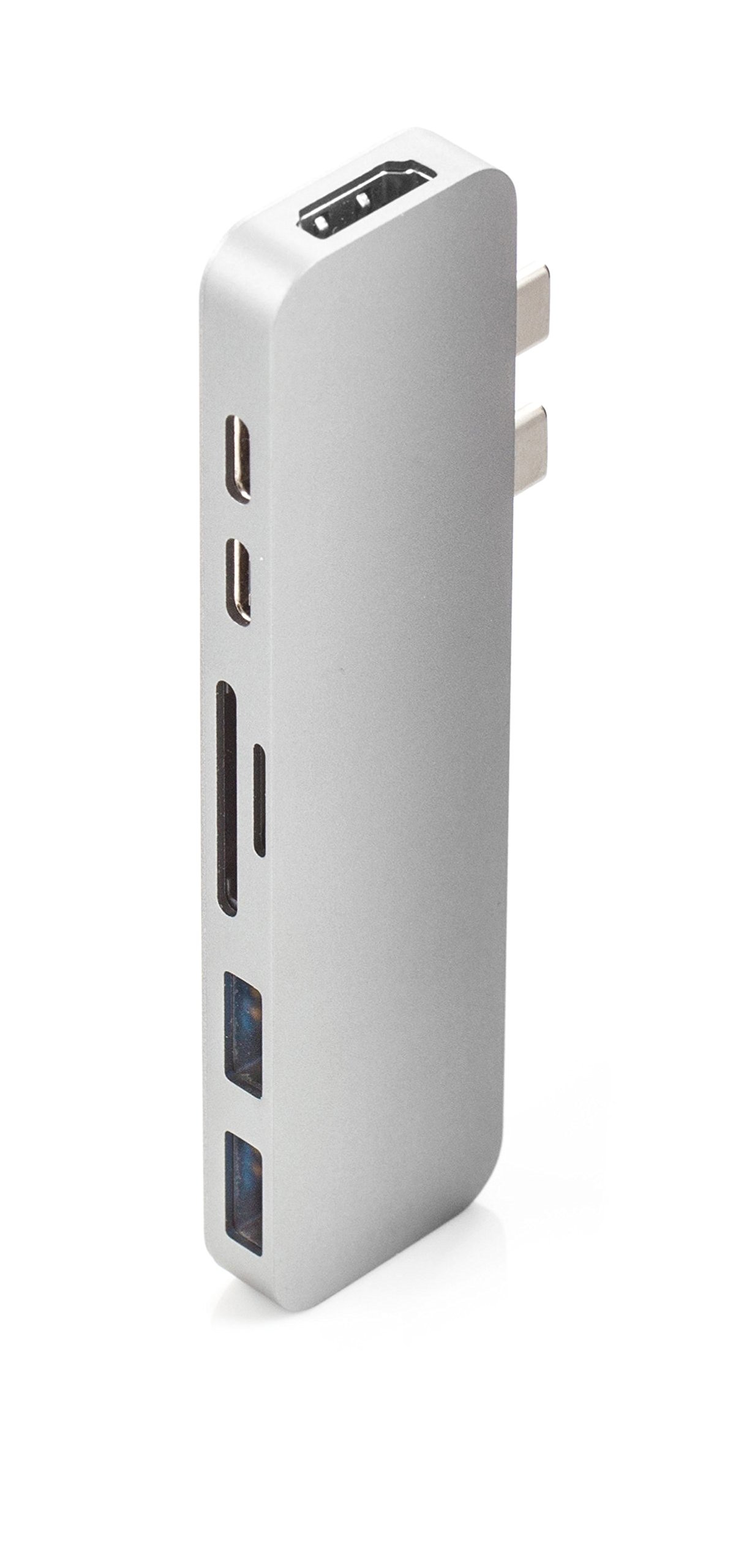 7-in-2 MacBook Pro Multiport Adapter | USB Type C Hub | 2X USB-C to 5K HDMI, 40Gb/s USBC and 5Gb/s USB-C, SD, microSD, 2 x USB3.1 - by Hyperdrive | Silver