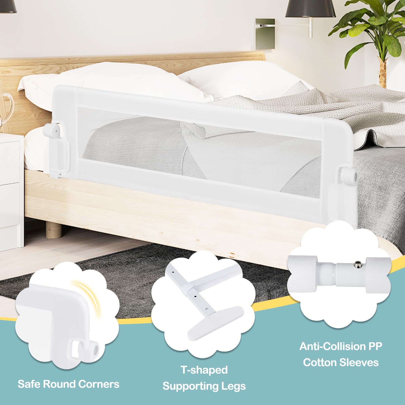 BABY JOY Double Sided Bed Rail Guard, 2 Pack, Extra Long, Swing Down for Convertible Crib, Folding Baby Safety Bedrail for Kids Twin Full Size Queen King Mattress, Rails for Toddlers (White, 60-Inch)