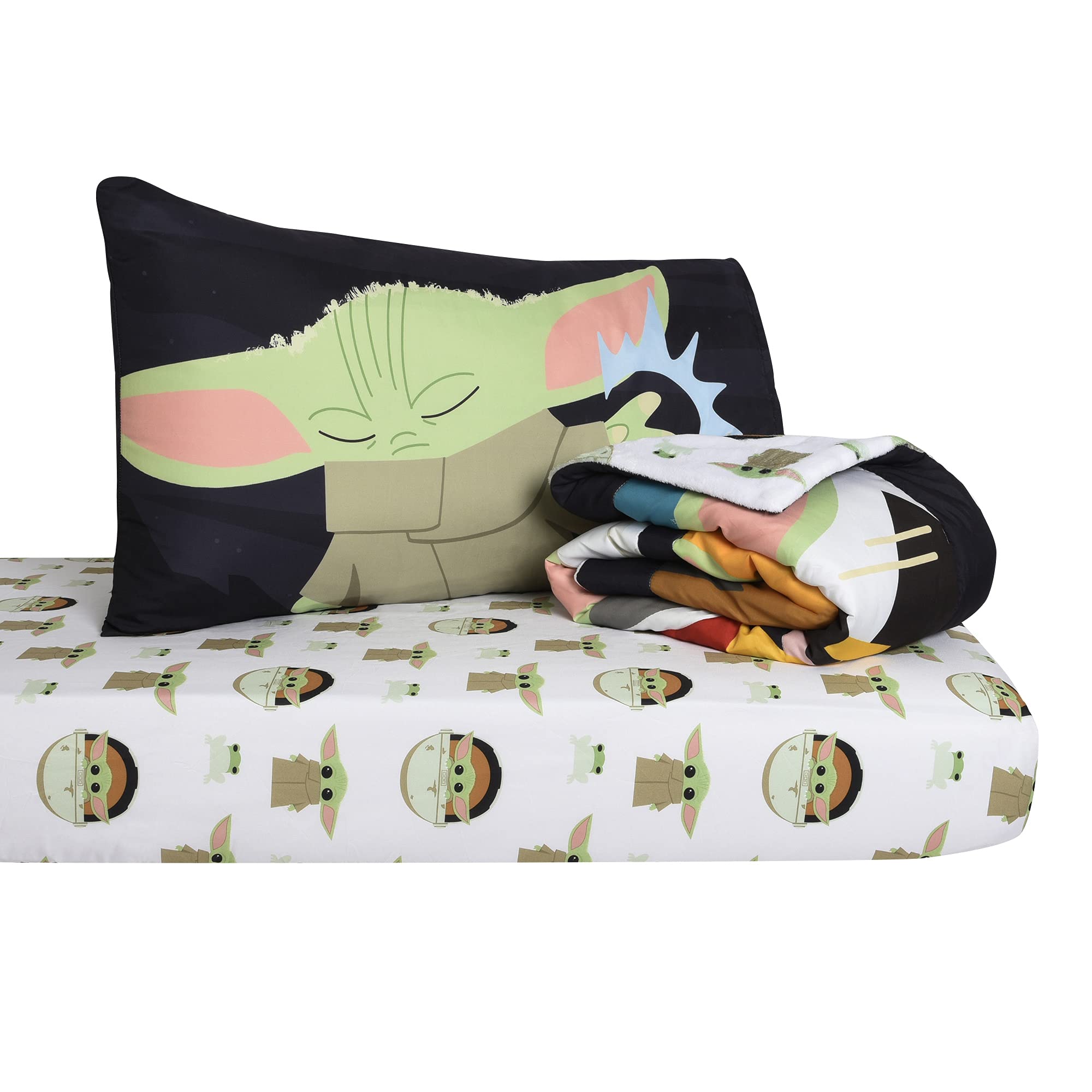Expressions 3 Piece Toddler Bedding Set Baby Yoda Mandalorian Standard Crib Bedding Set, Includes Soft Microfiber Reversible Comforter, Fitted Sheet, Pillowcase for Kids (Official Star Wars Product)